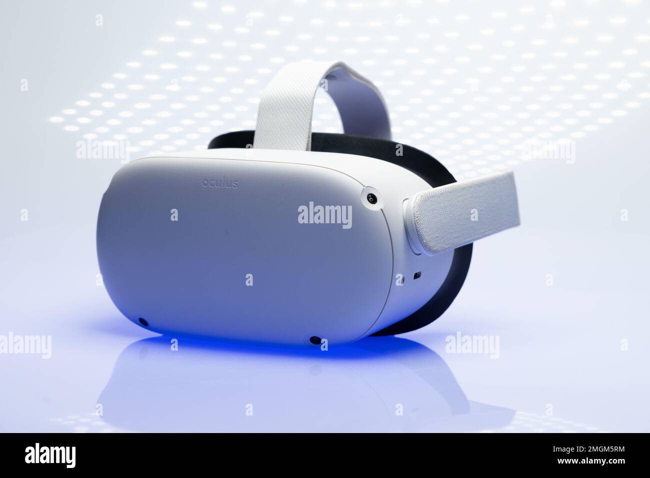 White new generation VR headset isolated on white background with blue ...