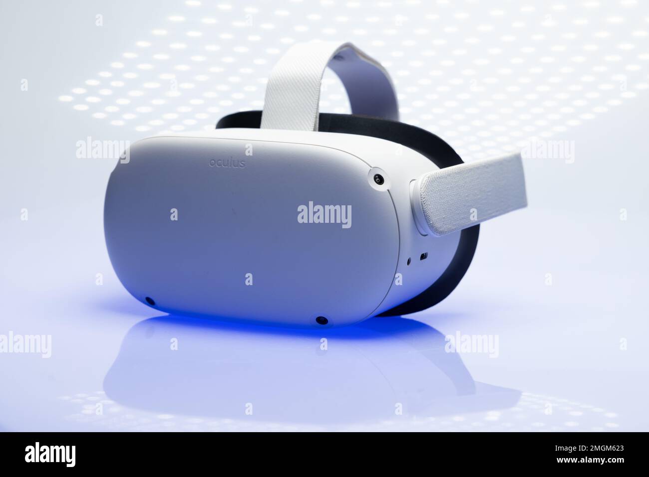 White new generation VR headset isolated on white background with blue ...