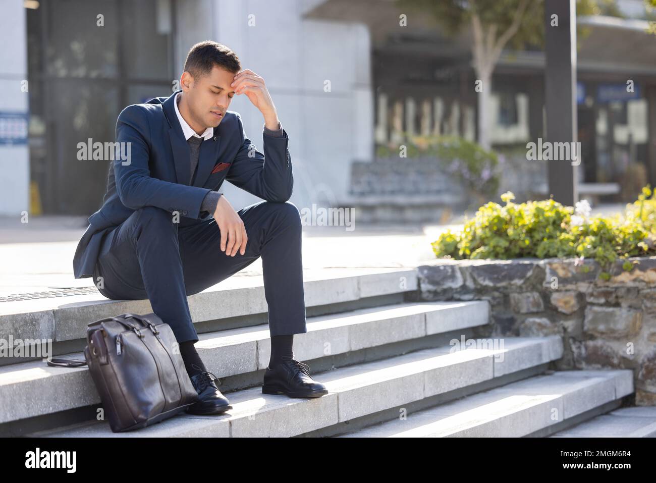 Stairs, mental health and sad business man fired for trading investment ...