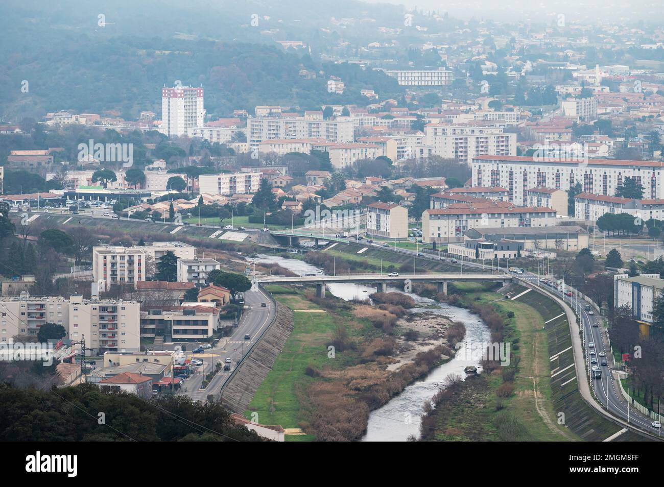 Ales, Occitanie, France, 12 30 2022 - Aerial panorama over the city ...