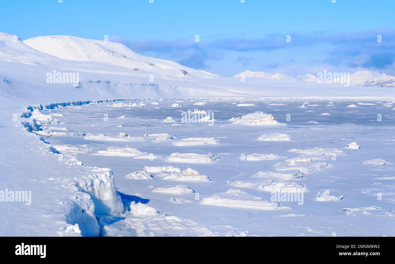 Landscape at frozen Groenfjorden, Island of Spitsbergen, part of ...