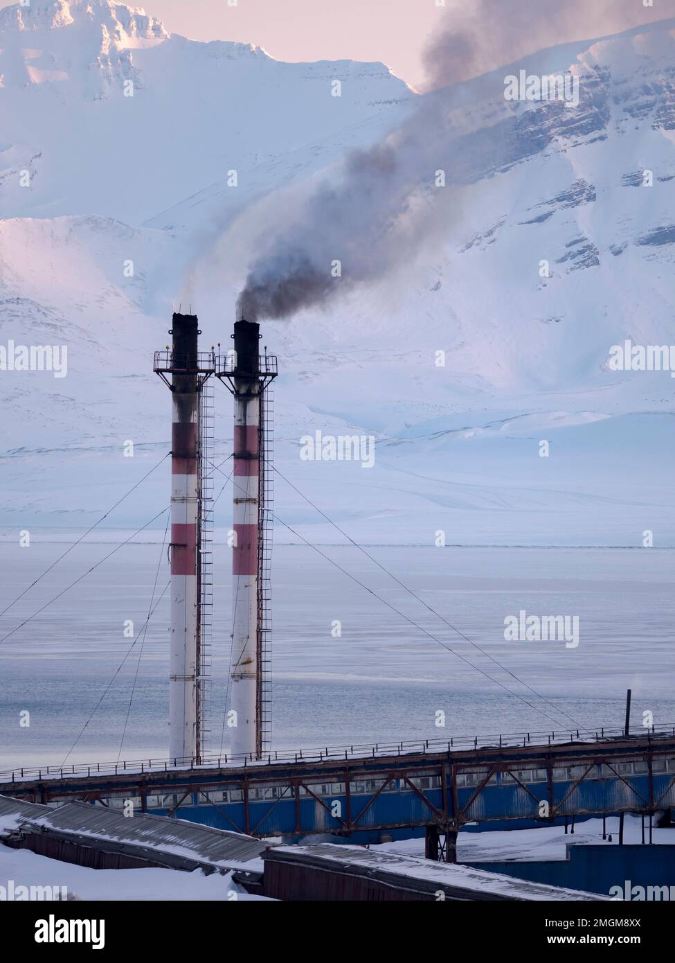 The chimneys of the power plant. Russian coal mining town Barentsburg ...