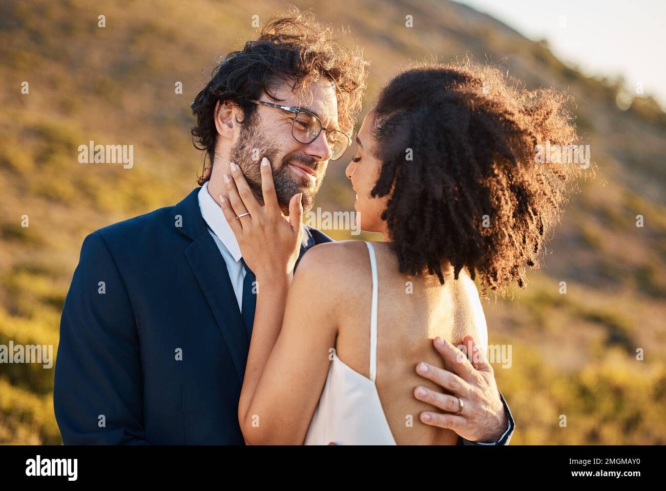 Love, happy and wedding with couple in nature for celebration ...