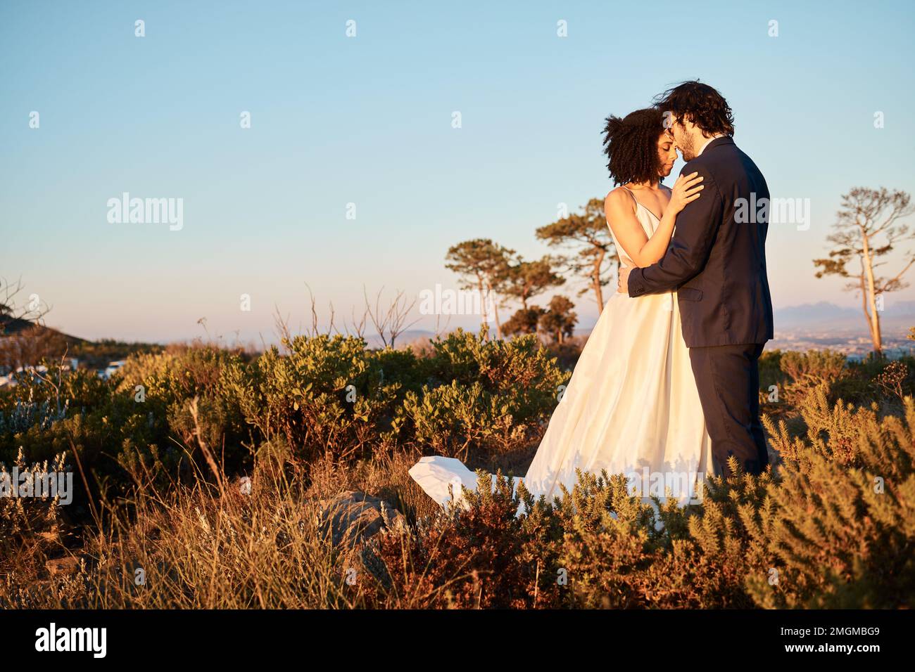 Intimate Wedding Couple And Hug In Nature With Mock Up Of Marriage