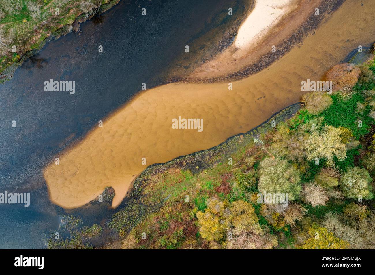 Aerial view of the Cher river and sandbank - city of Couffy - Loir et ...