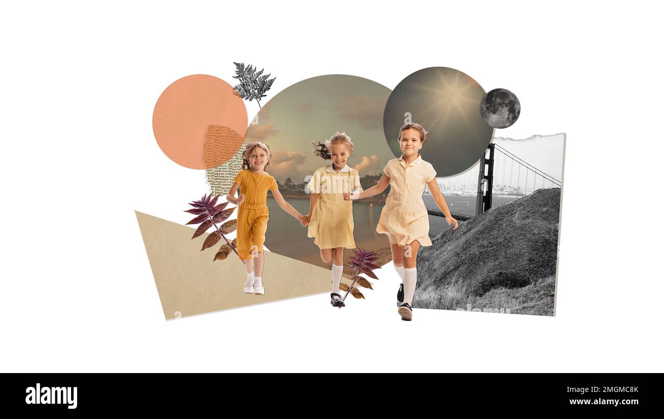 Contemporary collage. Surreal art design with happy children, kids ...