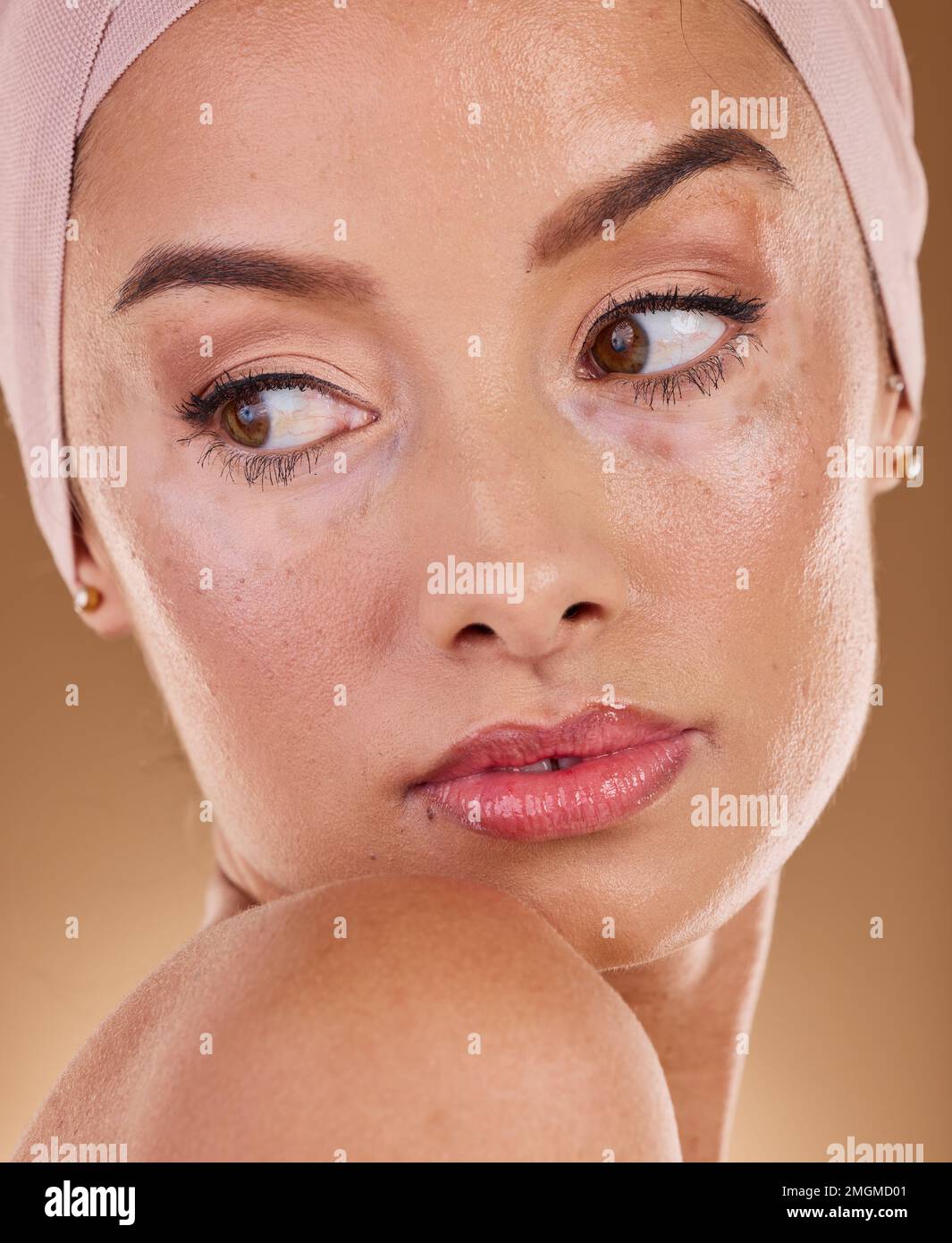 Woman, muslim and studio closeup for beauty, makeup and wellness with ...