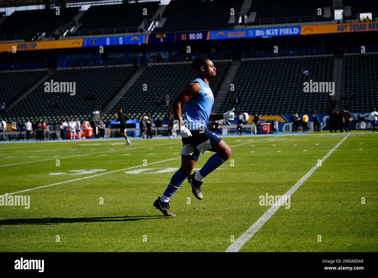 Los Angeles Chargers running back Justin Jackson warms up before an NFL ...