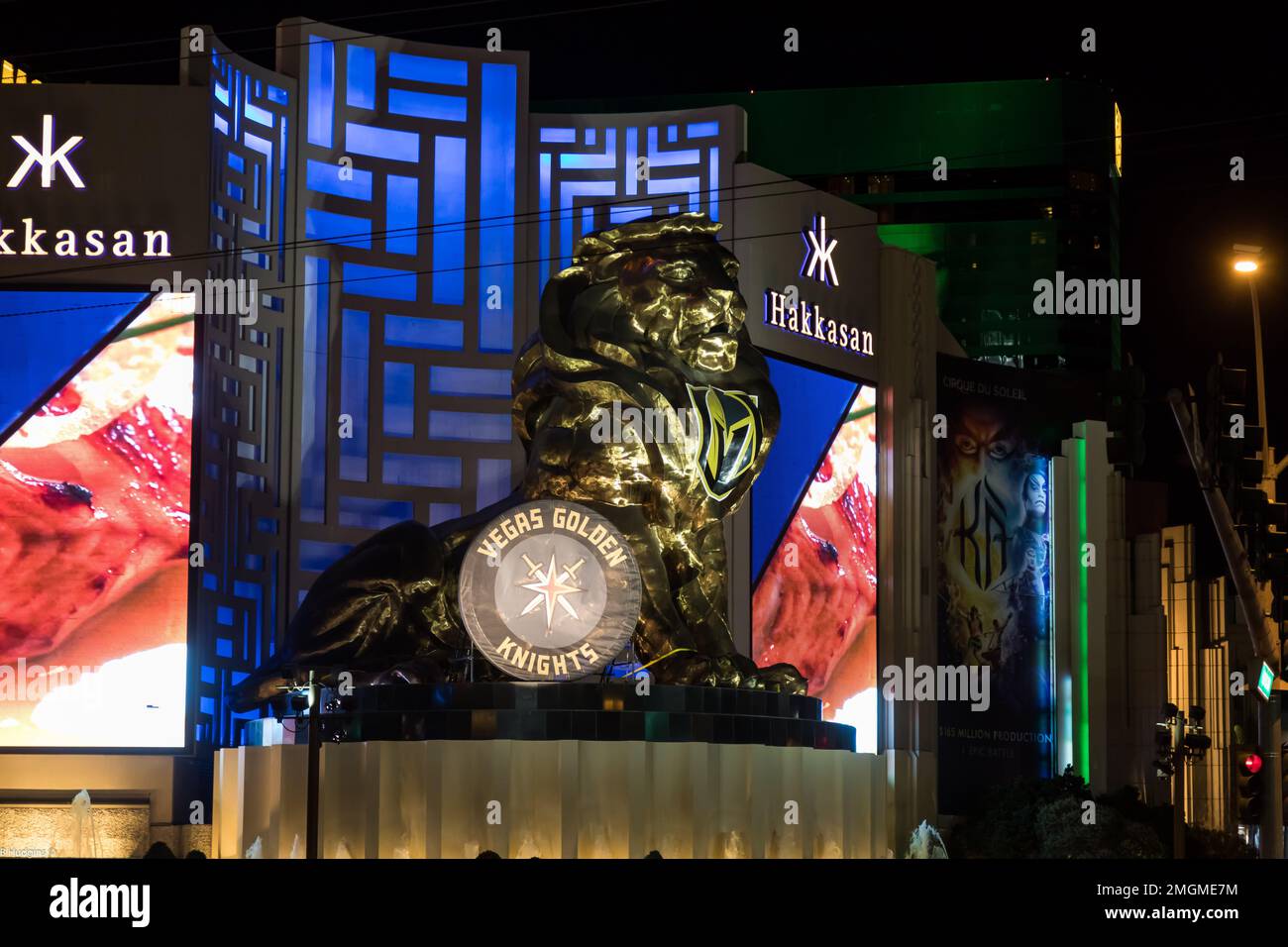 A lion statue with the logo of Vegas Golden Knights at night Stock Photo - Alamy