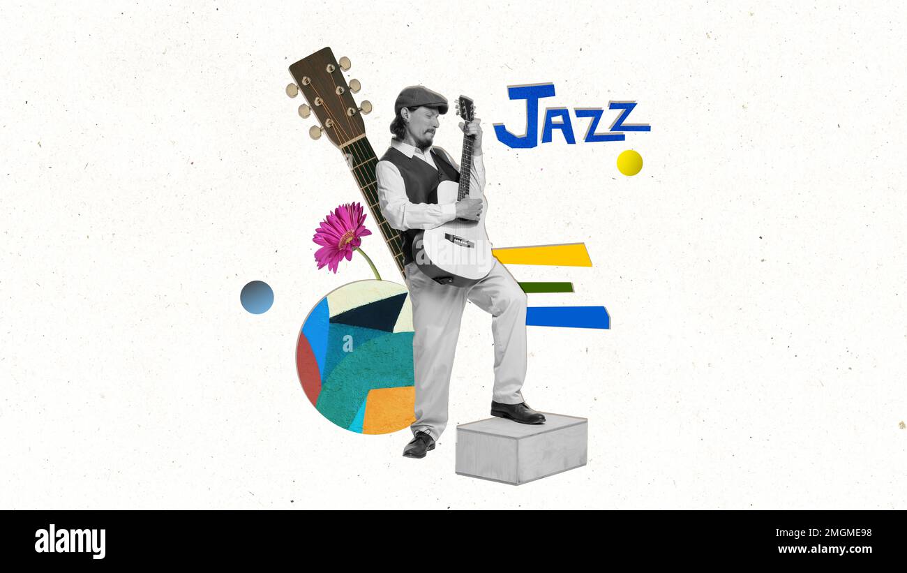 Young man playing guitar, erforming on light background. Modern minimal ...