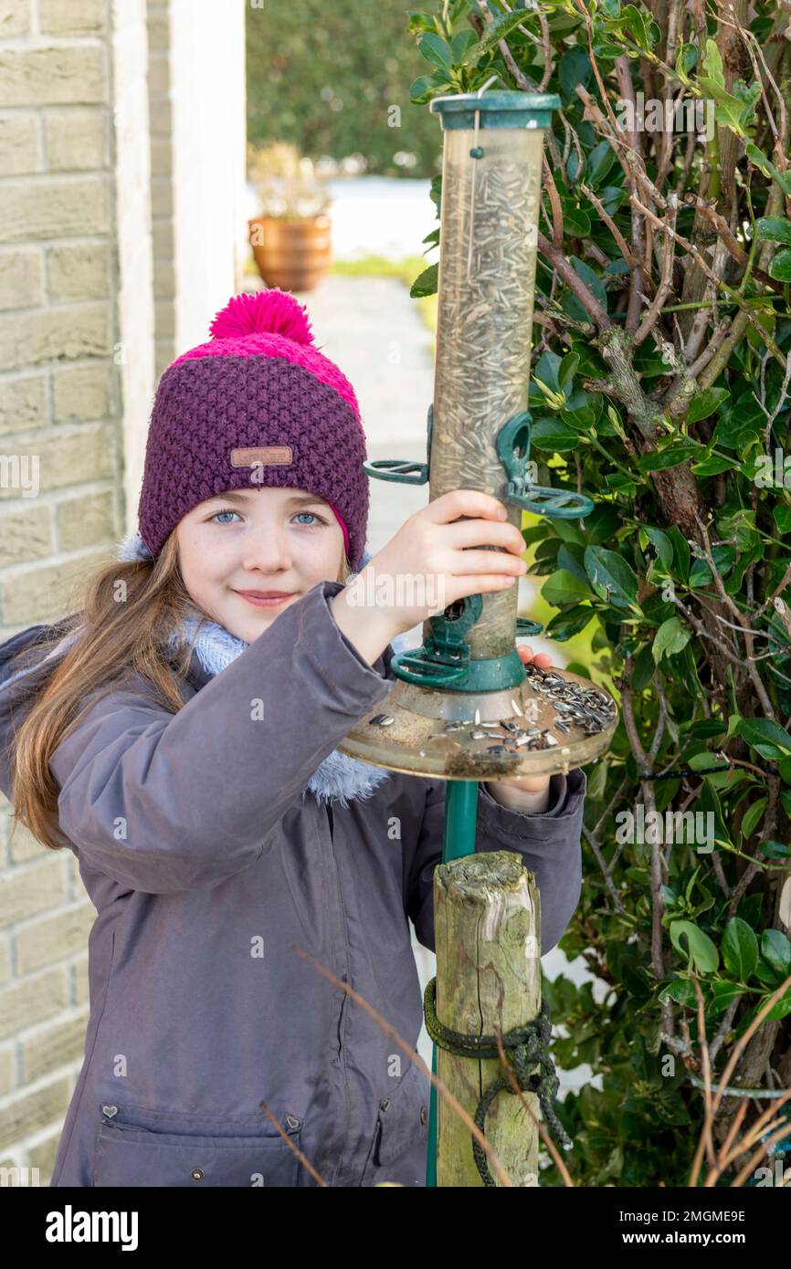Girl feeding birds in winter, Pas de Calais, France Stock Photo - Alamy
