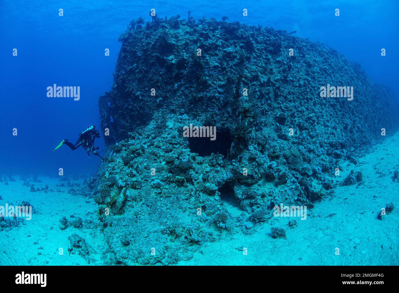 Rebreather diver exploring the rudder and propeller of the SS Carnatic ...