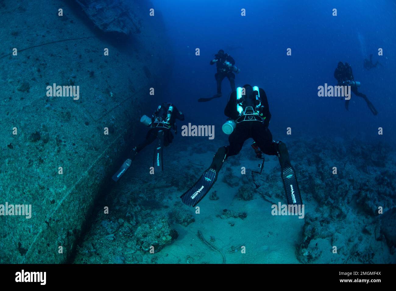 Rebreather divers exploring the SS Thistlegorm wreck a British cargo ...