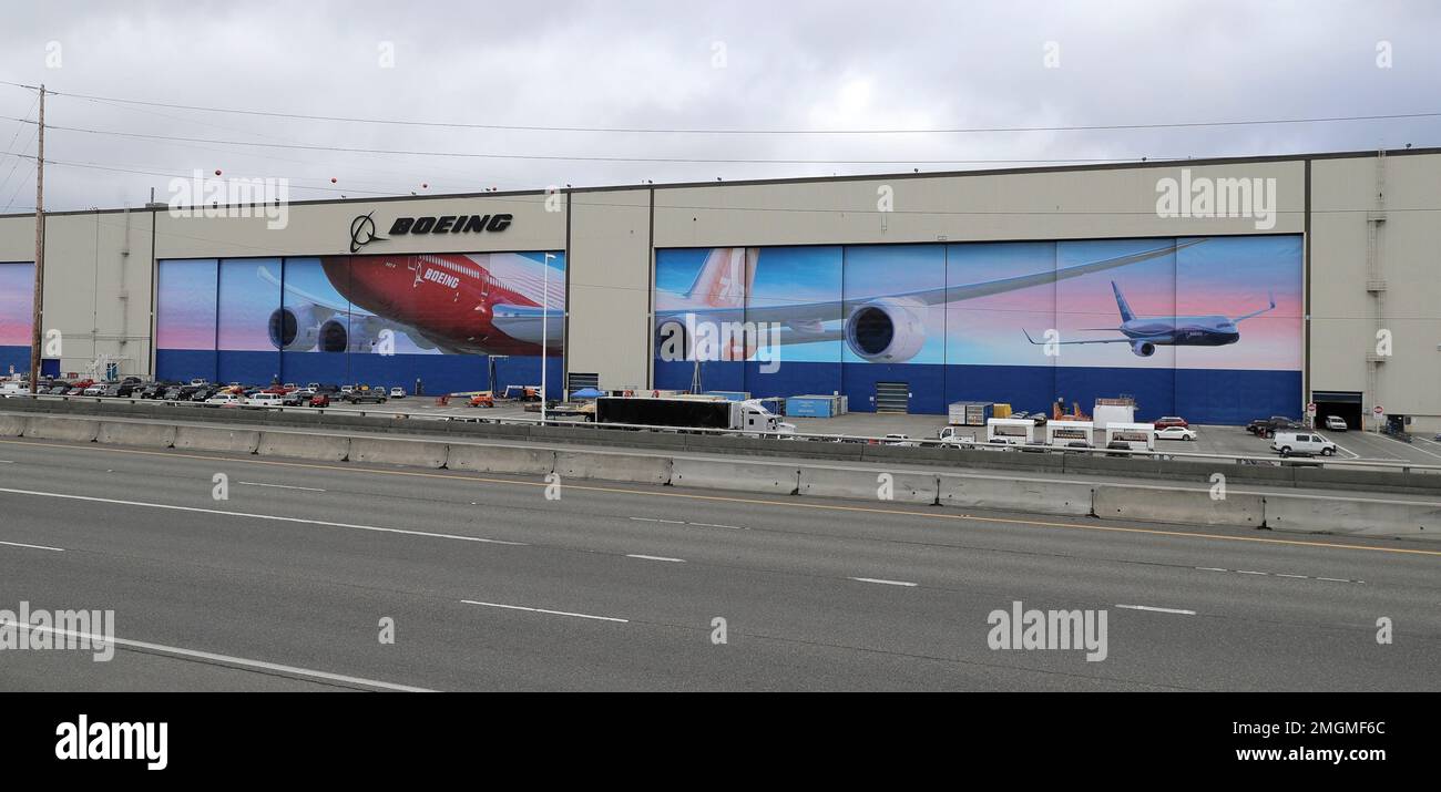 A mural showing Boeing's 747-8 and 767 airplanes is shown at Boeing's ...