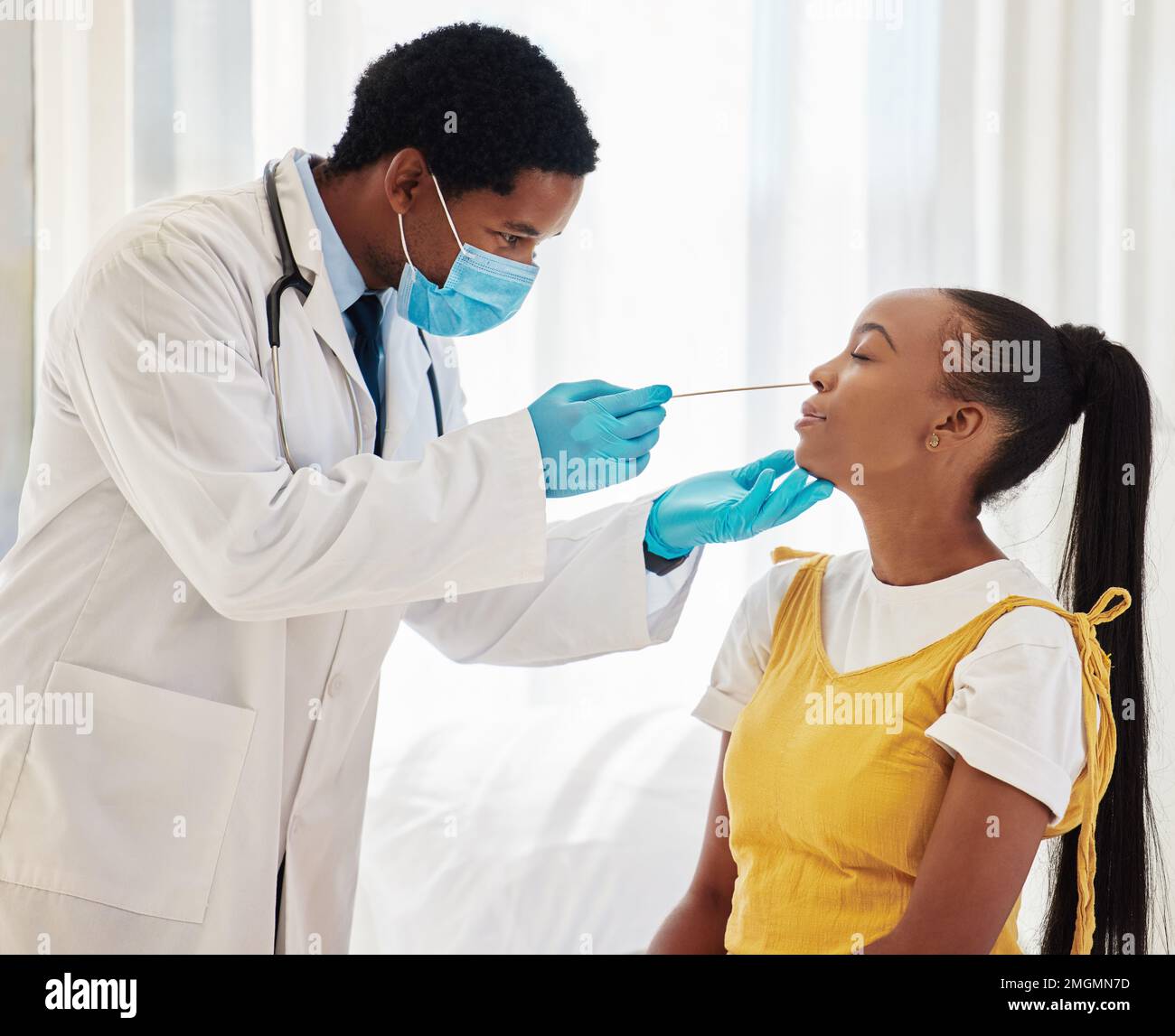 Doctor, patient or covid swab test in hospital checkup, clinic wellness ...