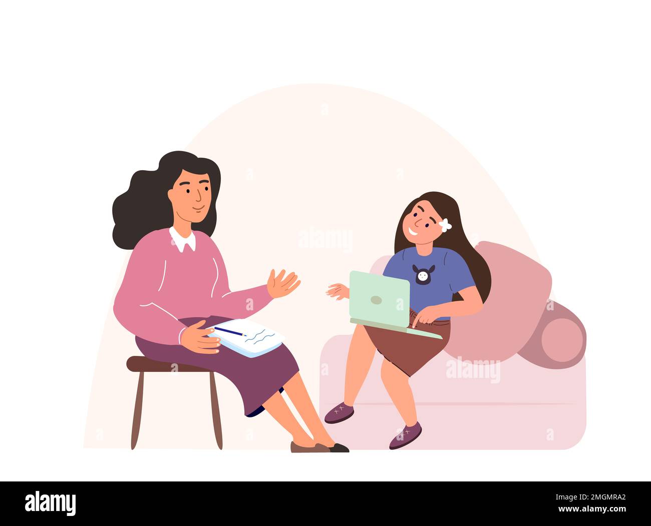 Teacher Tutor and shcool girl sitting with laptop PC, studying together ...