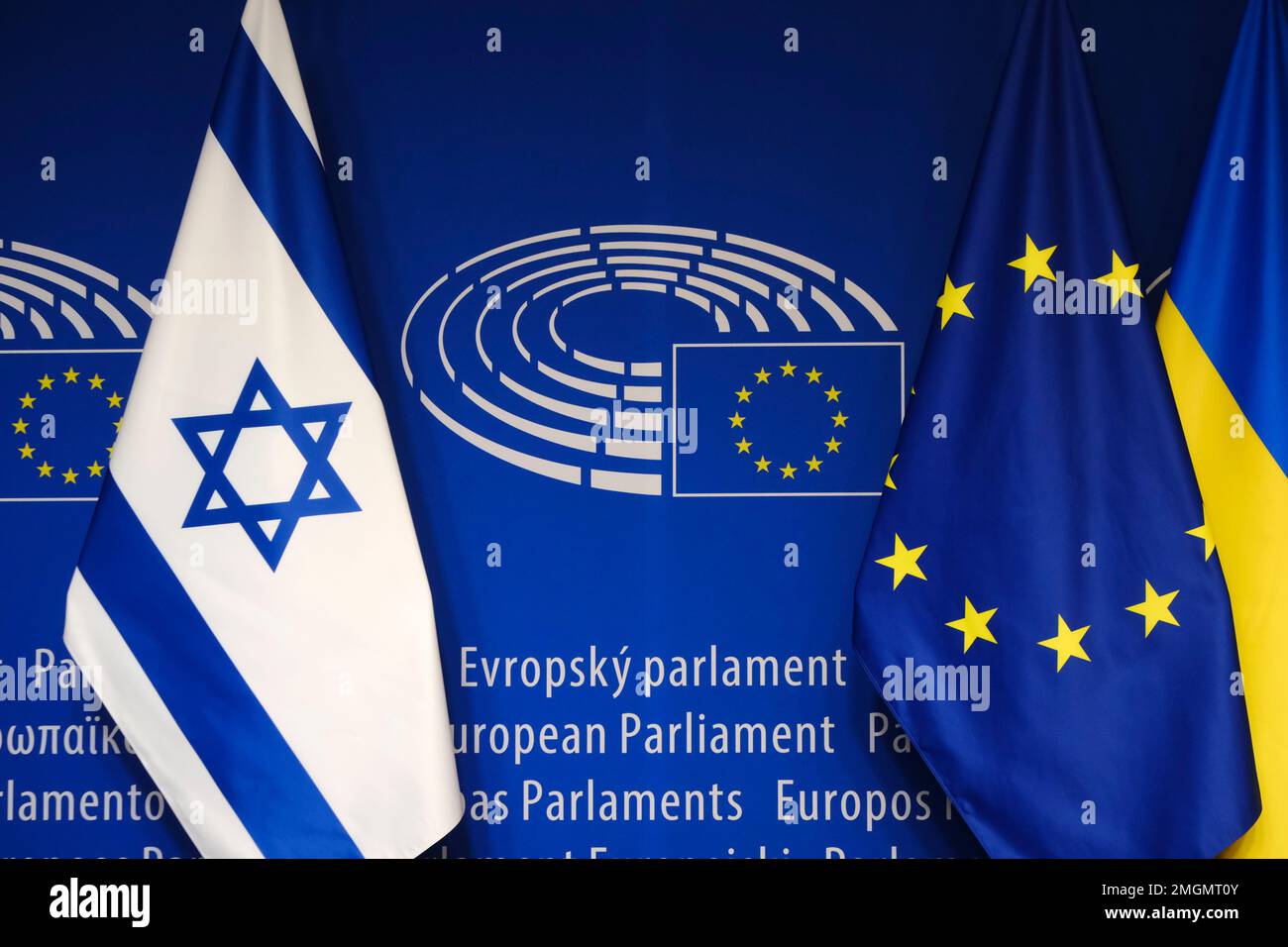 Brussels, Belgium. 26th Jan, 2023. European and Israeli flags stand at EU headquarters in ...