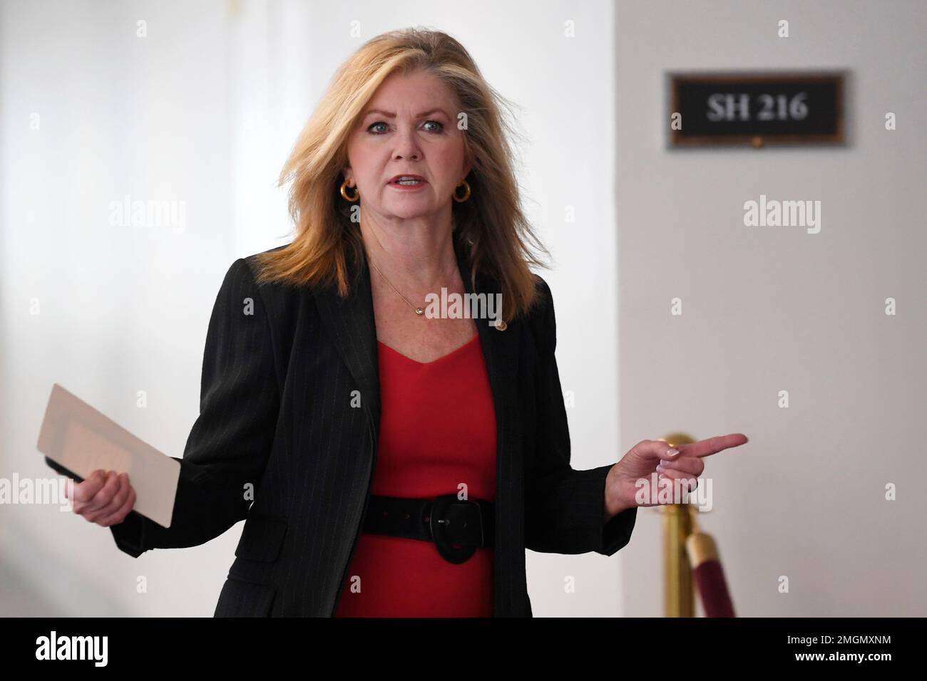 Sen. Marsha Blackburn, R-Tenn., heads into a Republican policy lunch on ...