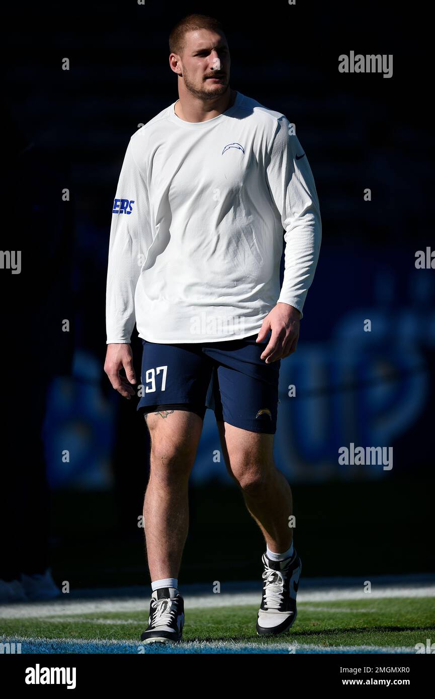 Los Angeles Chargers defensive end Joey Bosa warms up prior to an NFL ...