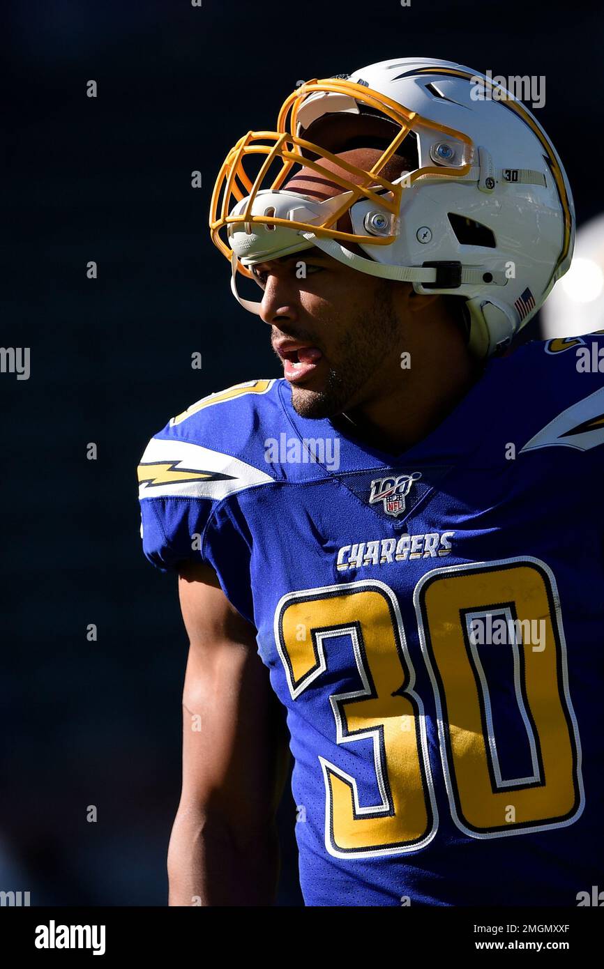 Los Angeles Chargers running back Austin Ekeler warms up before an NFL ...