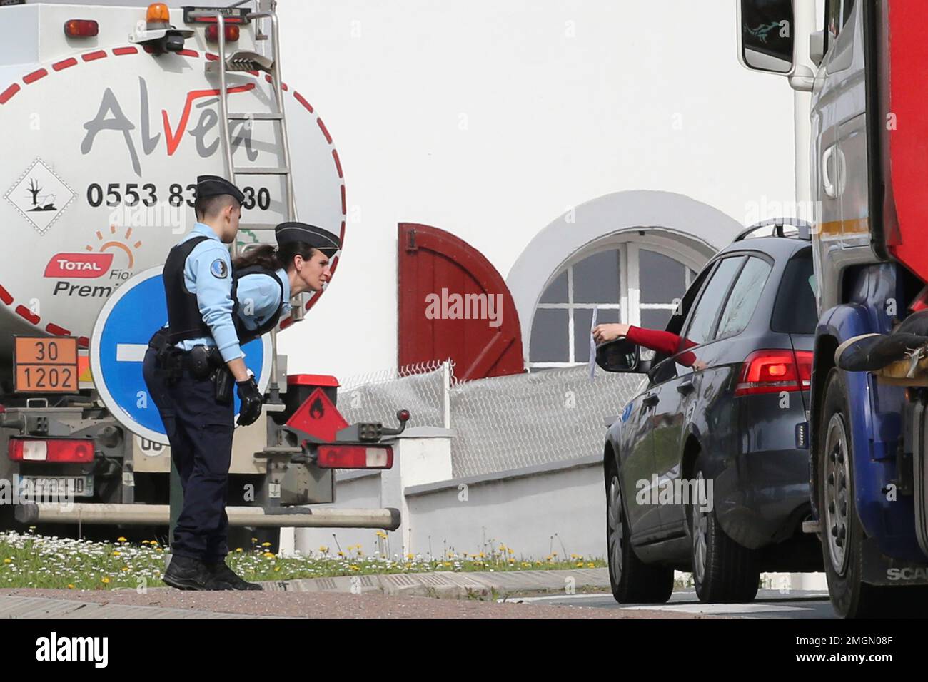 French gendarmes control a vehicle in Ustaritz, southwestern France ...