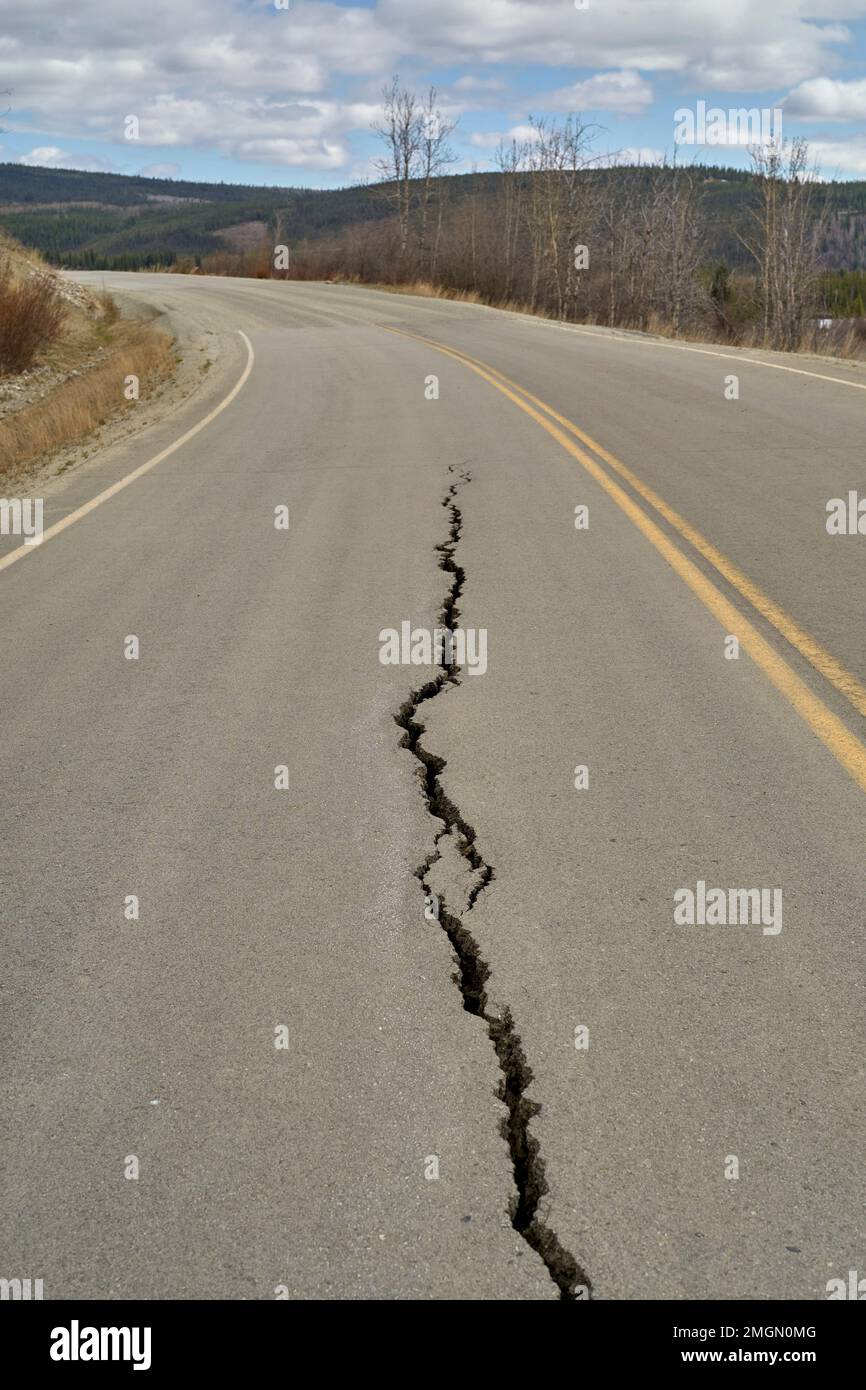 Permafrost thaw damage along the Taylor Highway in spring, Alaska, USA ...