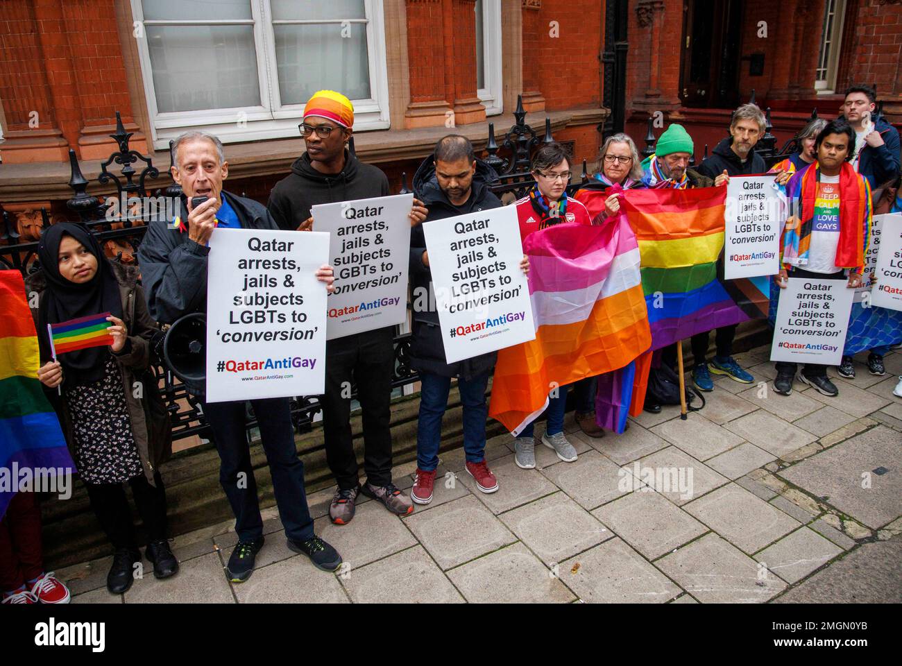Peter Tatchell and protestors outside the Qatar Embassy at the bad LGBT ...