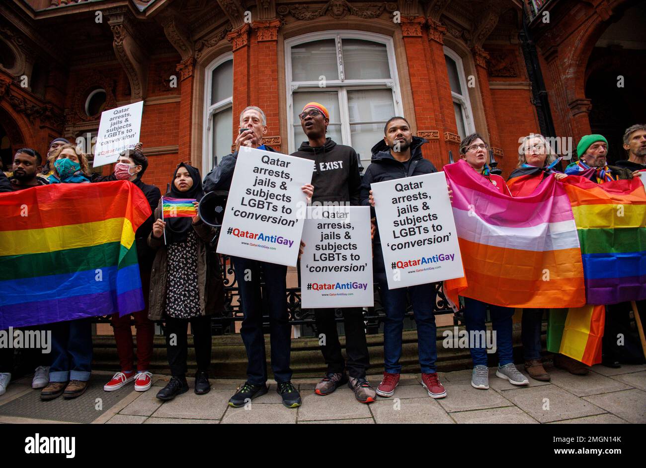 Peter Tatchell and protestors outside the Qatar Embassy at the bad LGBT ...