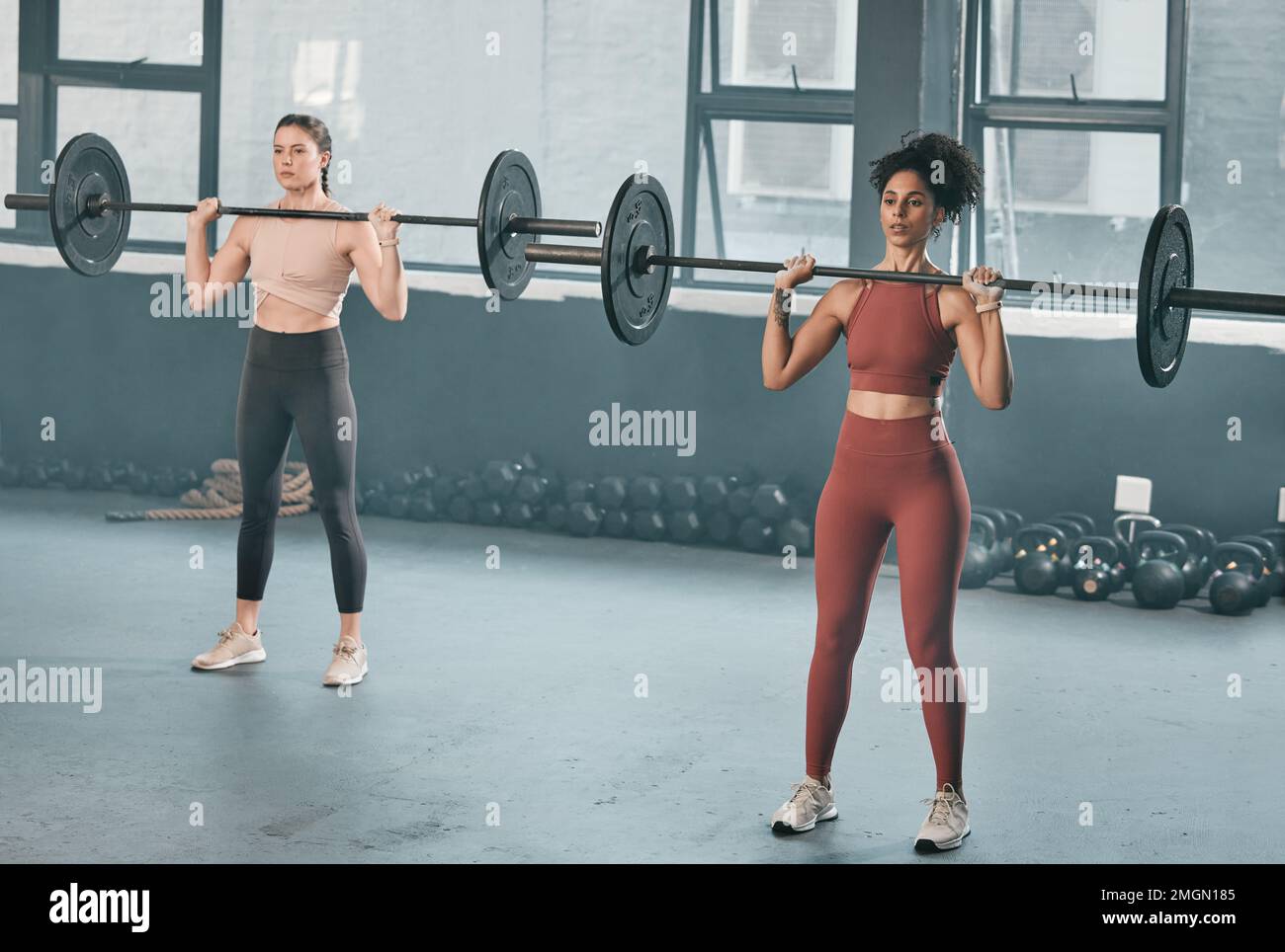 Gym, barbell workout and diversity women doing muscle fitness performance, exercise or body ...