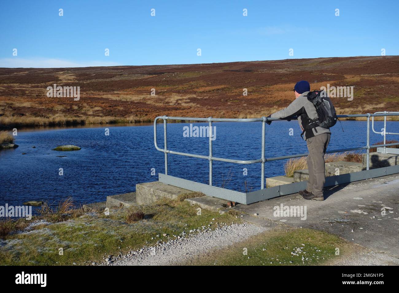 Man Looking/Standing by Gill Beck Reservoir near the Summit of Burnsall ...