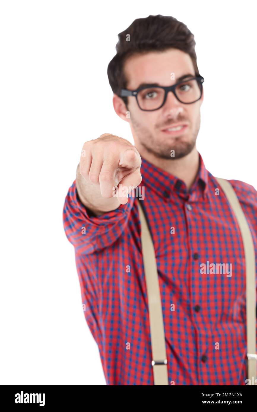 Portrait, hand and man pointing in studio for you, blame and ...