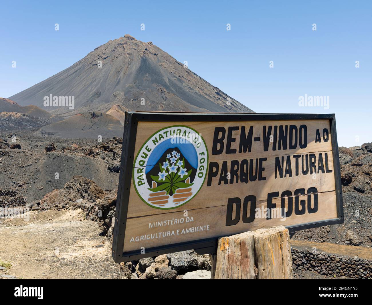 Entrance to Parque Natural do Fogo. Stratovolcano mount Pico do Fogo ...