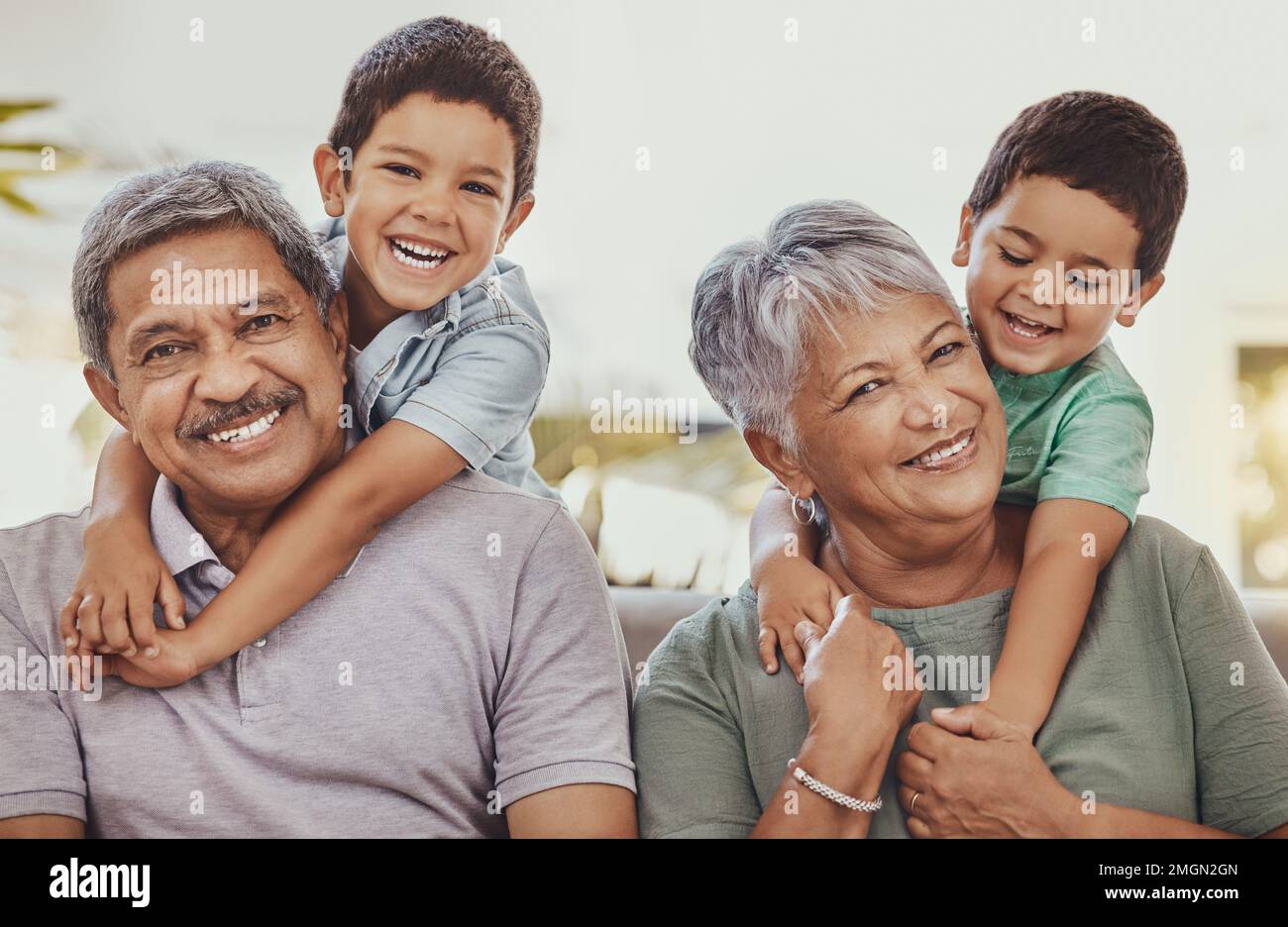 Family, kids hug grandparents and happy in portrait, love and care with ...