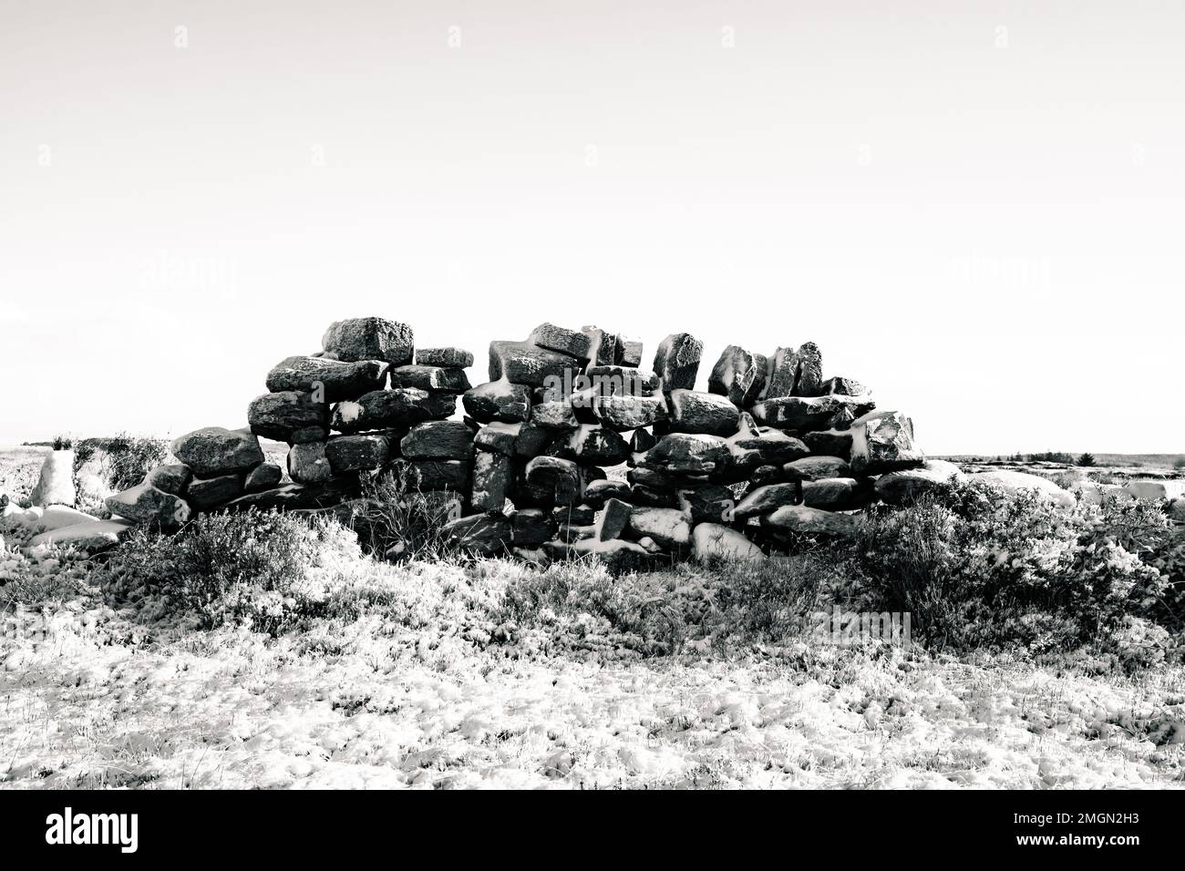 An aerial view of rock formations in field in black and white Stock ...
