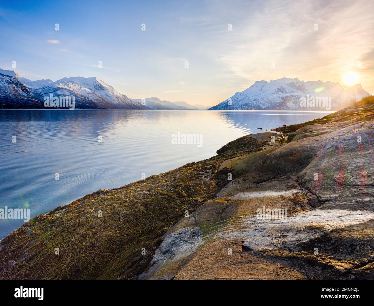 Landscape at Salangen Fjord near Loksebotn in northern Norway during ...