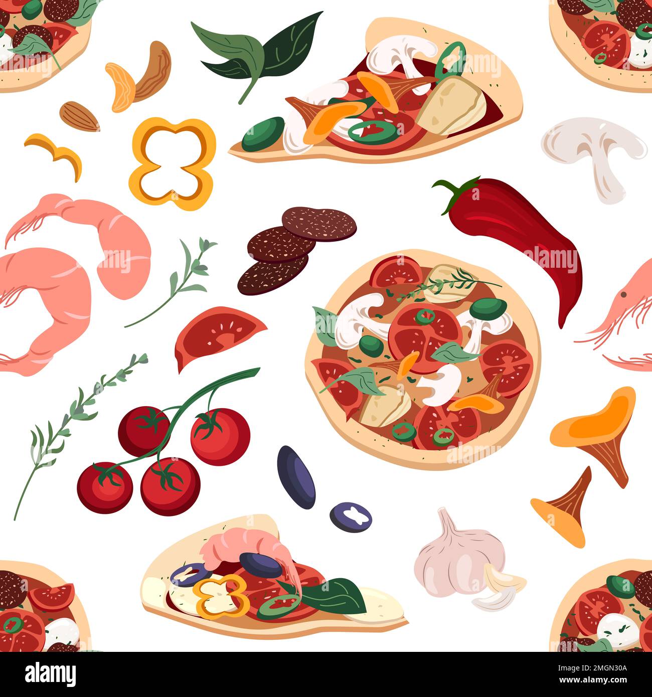 Endless Pattern for pizzeria Menu with Pizza , ingredients on White ...