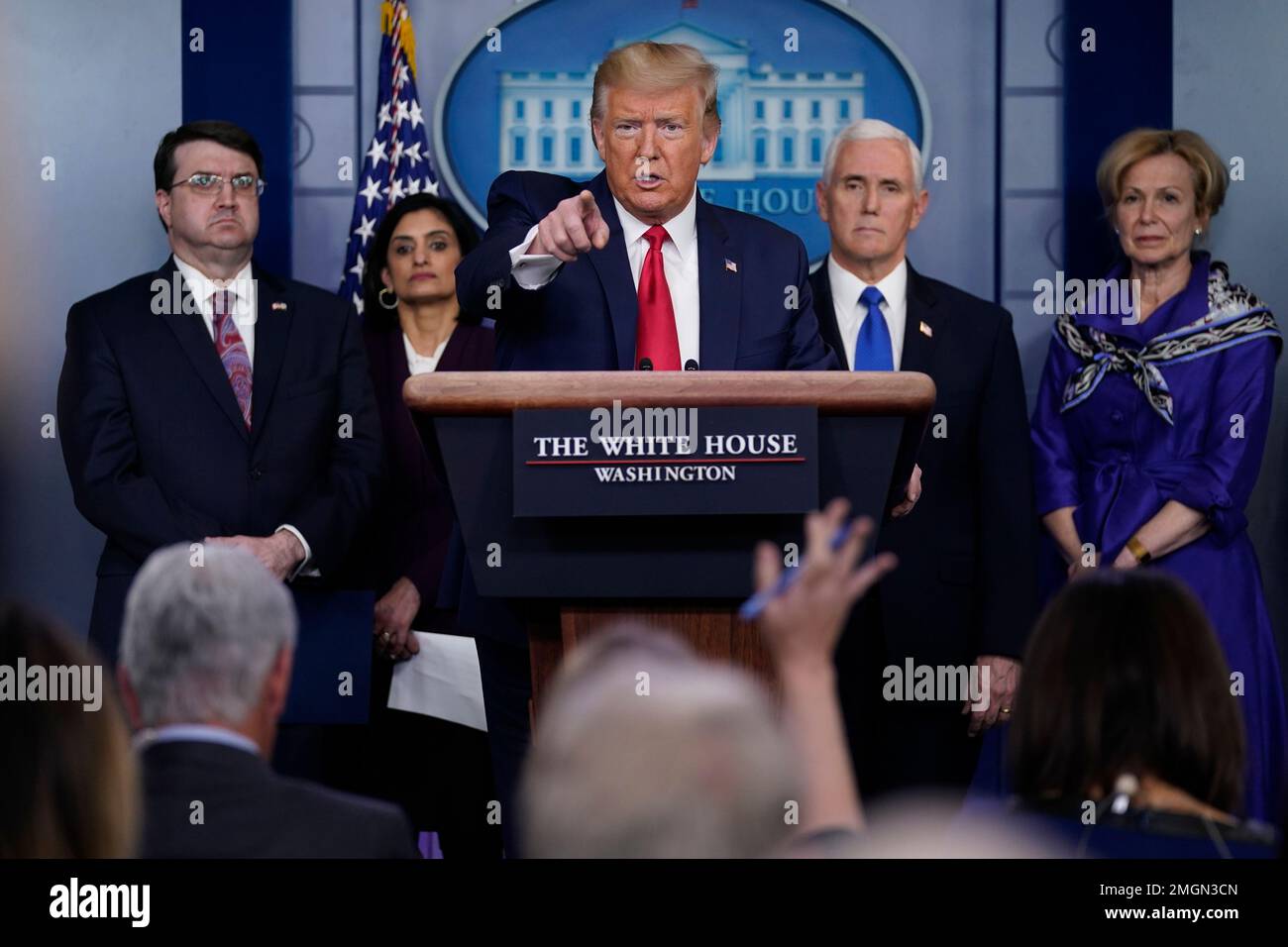 President Donald Trump takes questions during press briefing with the ...