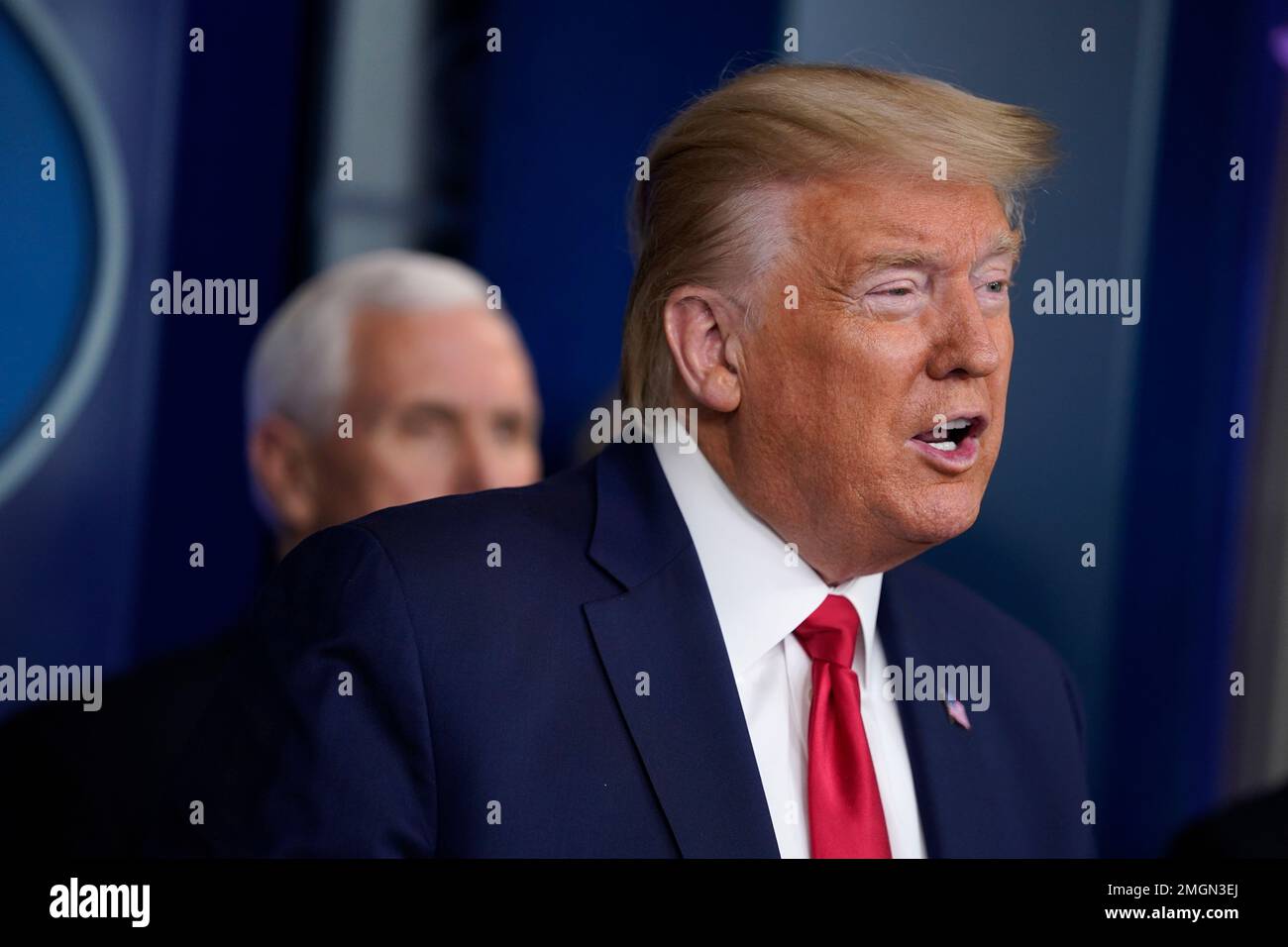 President Donald Trump speaks during press briefing with the ...