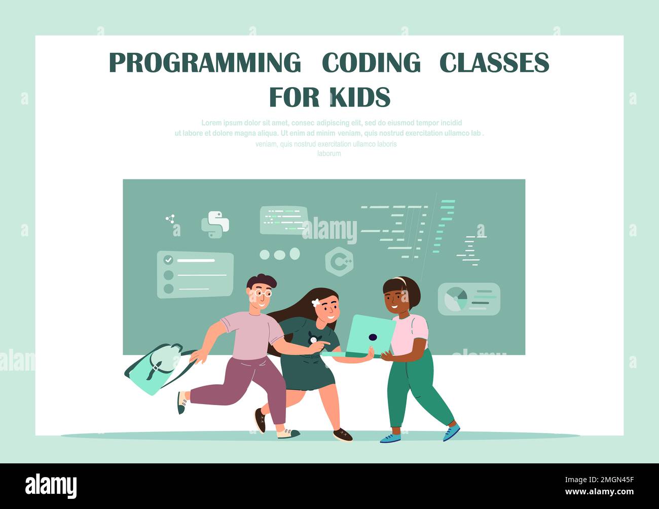 Teenage Girls and Boy have Prodigy Tech Class Together near Blackboard with Formulas.Pupils with ...