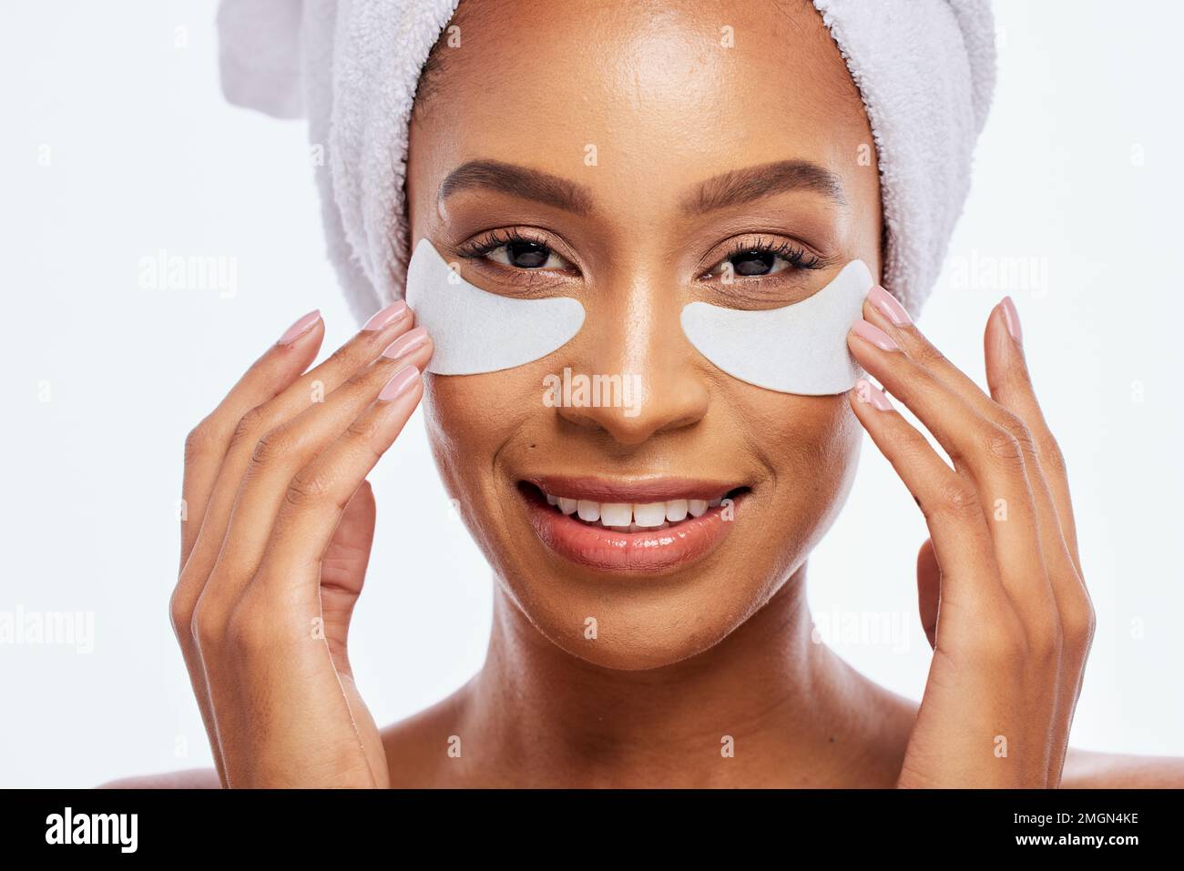 Black woman, beauty and eye patch portrait in studio for dermatology ...