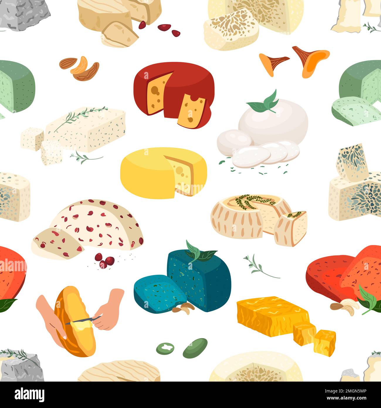Seamless pattern with different cheese slices on white background ...