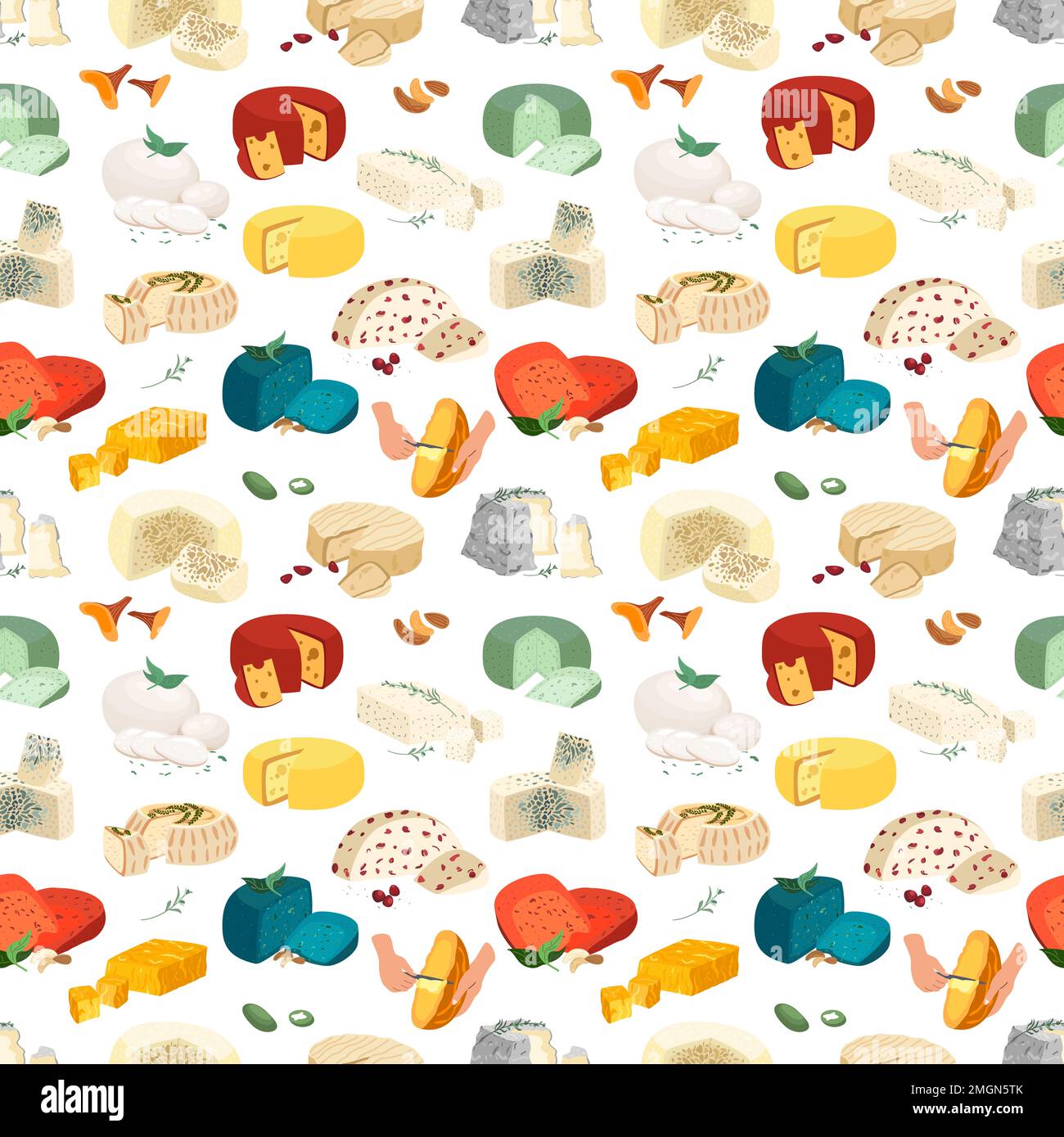 Seamless pattern with different cheese slices on white background ...