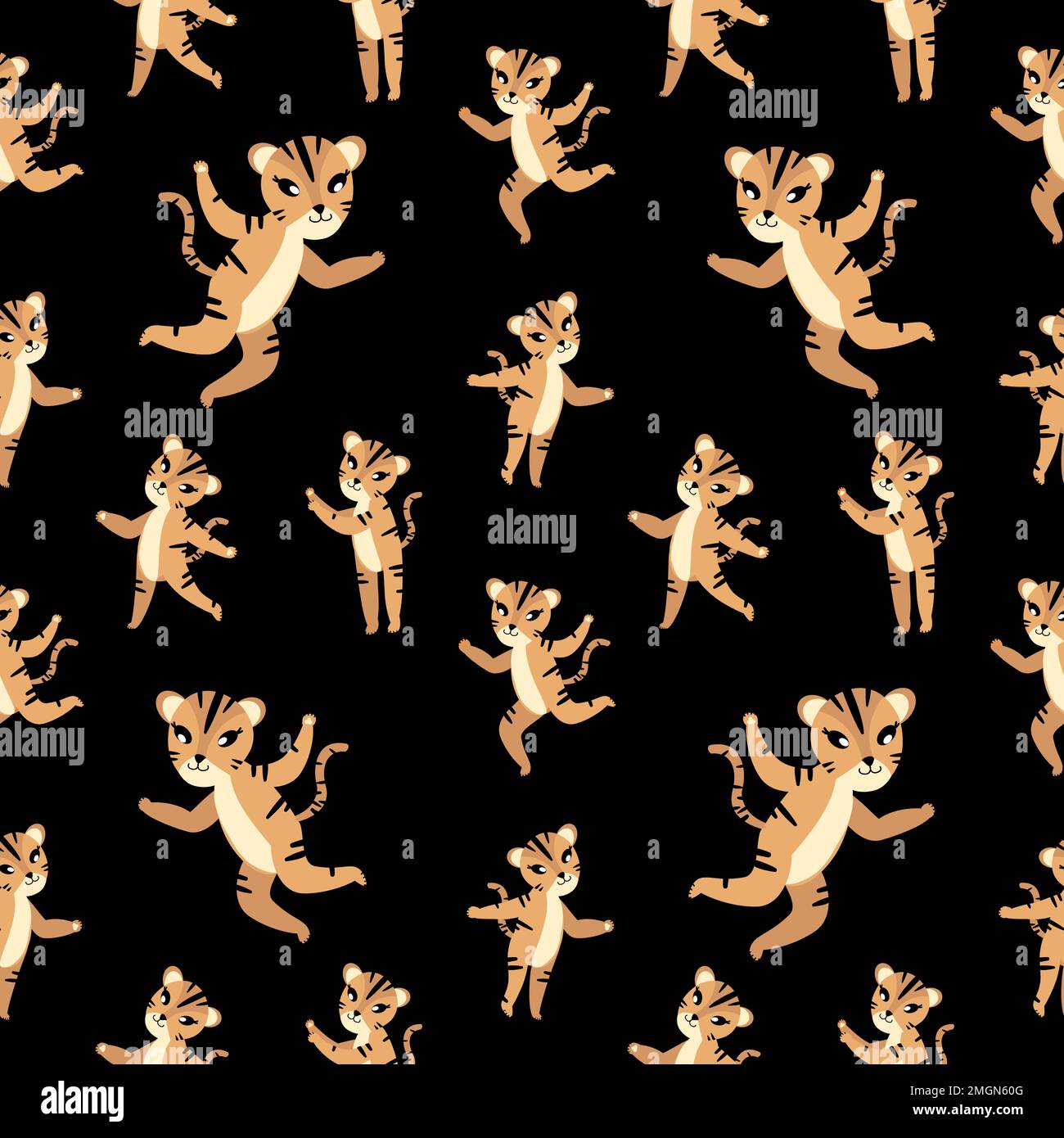 Vector endless seamless pattern with cute tigers on black background ...