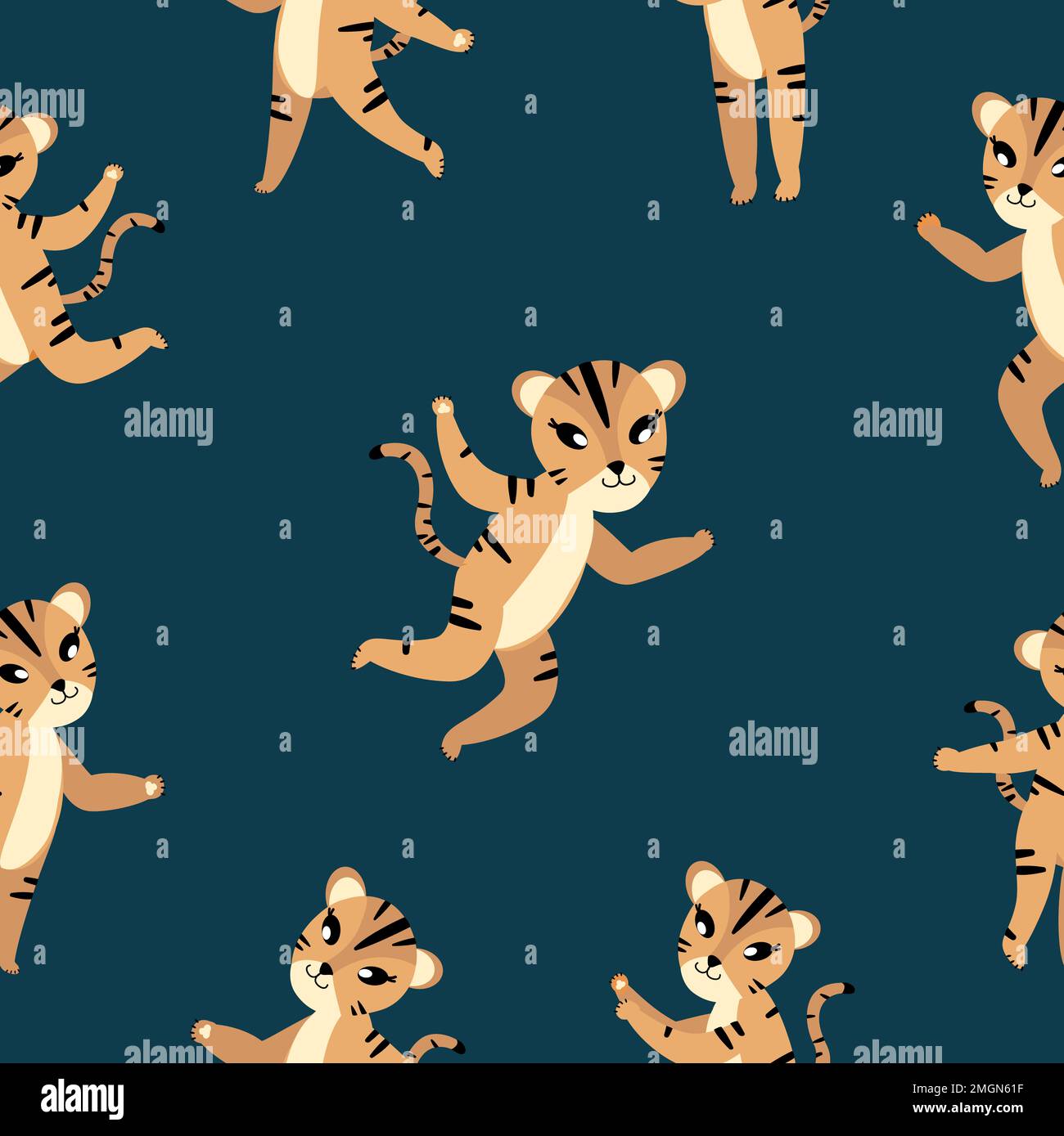 Vector endless seamless pattern with cute tigers on dark background ...