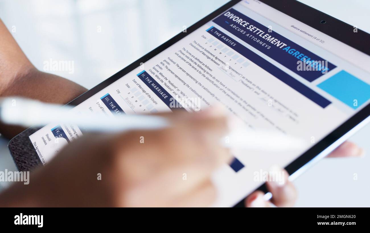 Divorce, tablet and girl with digital agreement, documents or contract ...