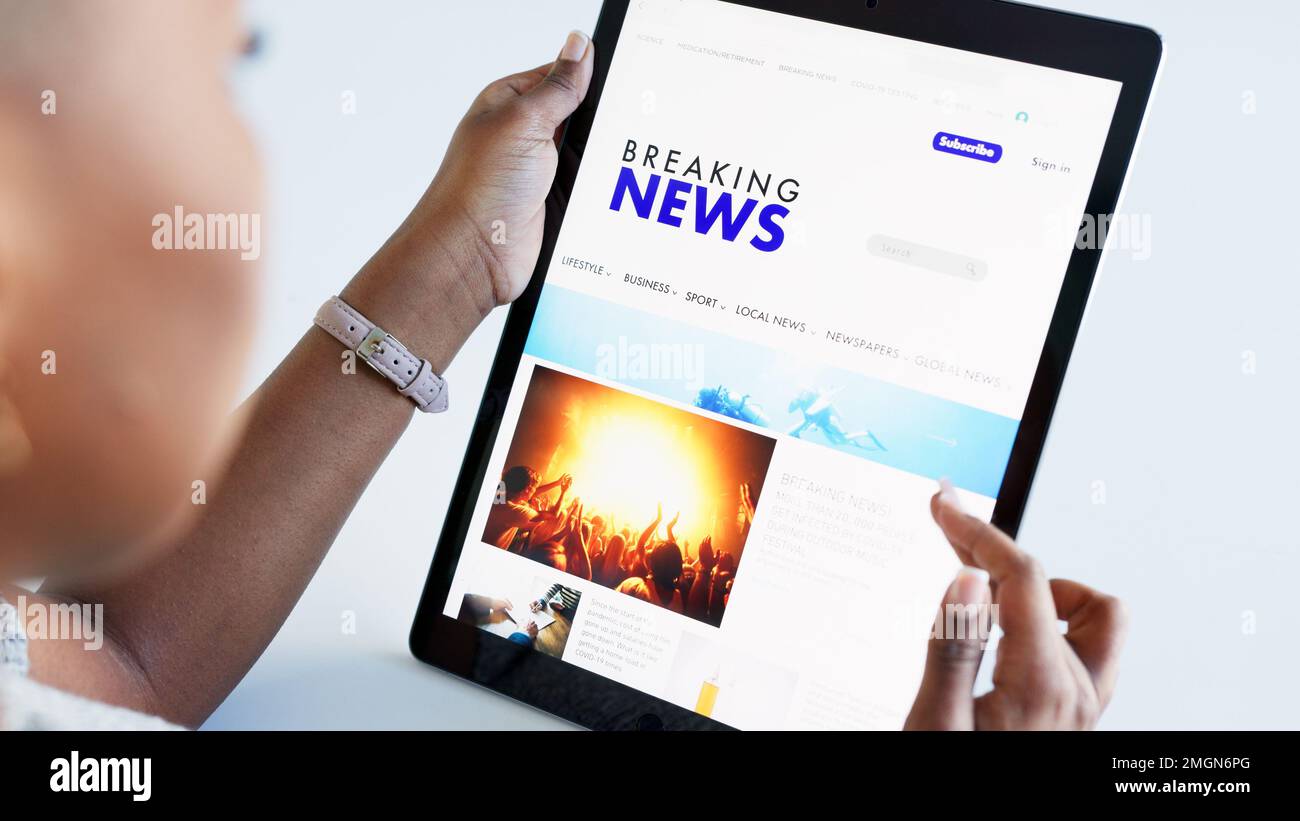 Hands, tablet and news with a woman reading on a website and doing ...