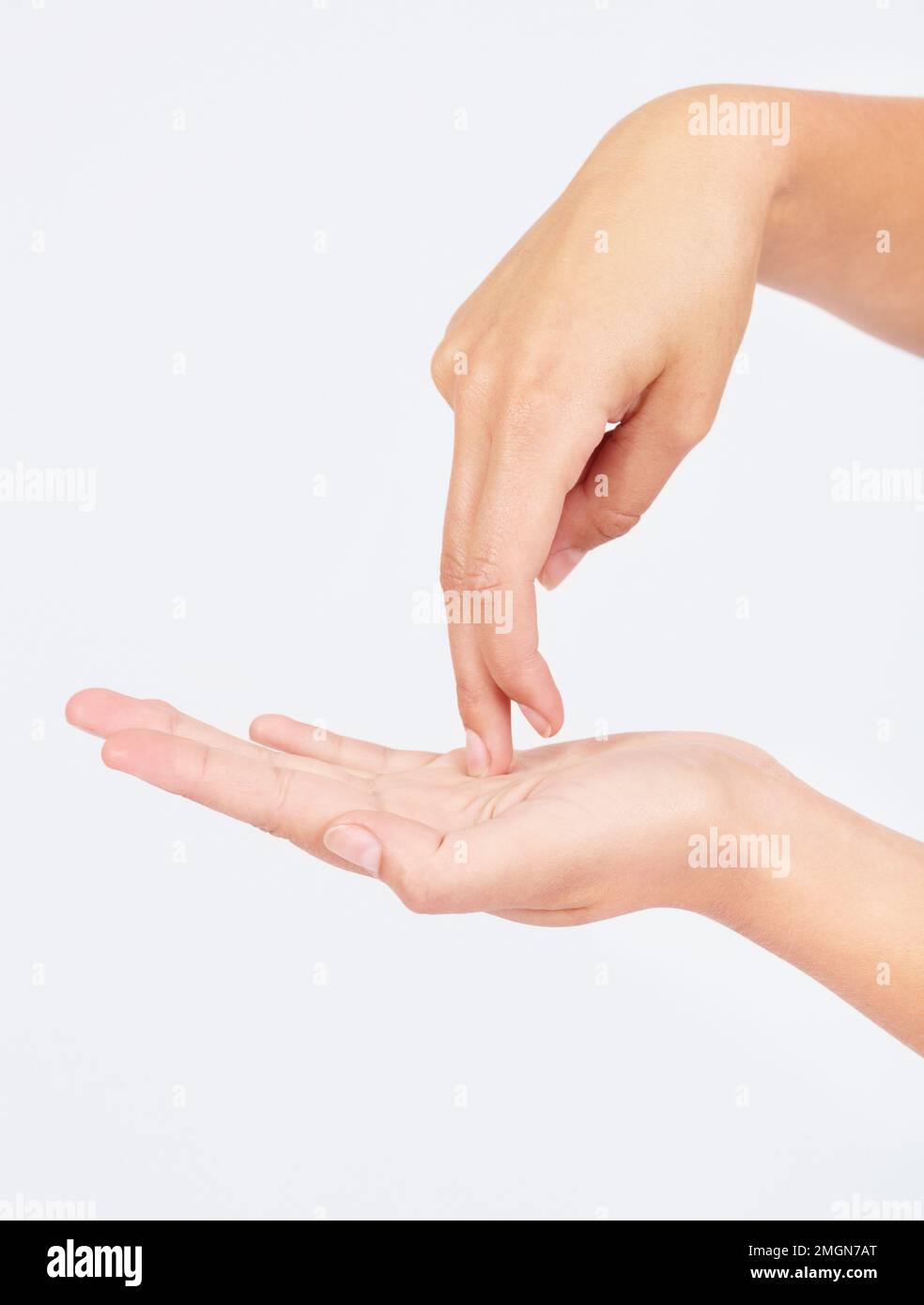 Hands, mockup and fingers walking on a palm in studio on a white ...