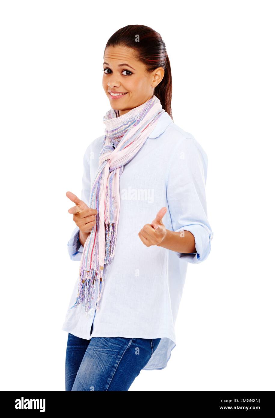 Portrait, woman and pointing at you happy for fashion deal and excited ...