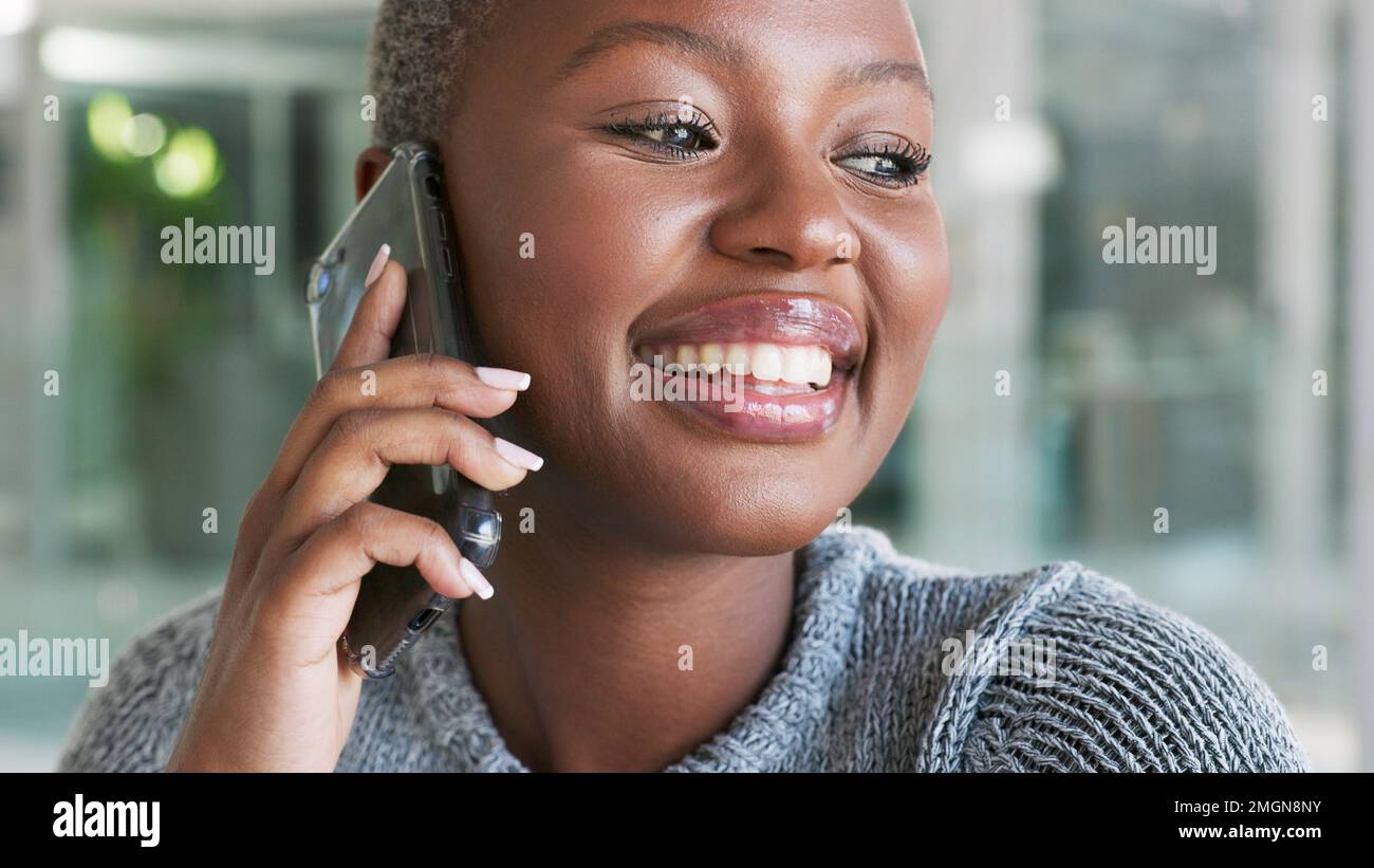 Happy, communication and phone call with black woman laughing in funny ...