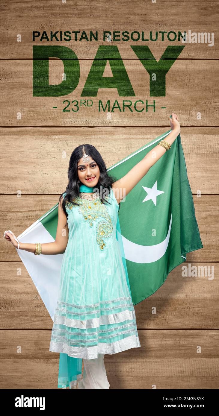 Asian woman holding Pakistan flag. Pakistan Resolution Day Stock Photo ...